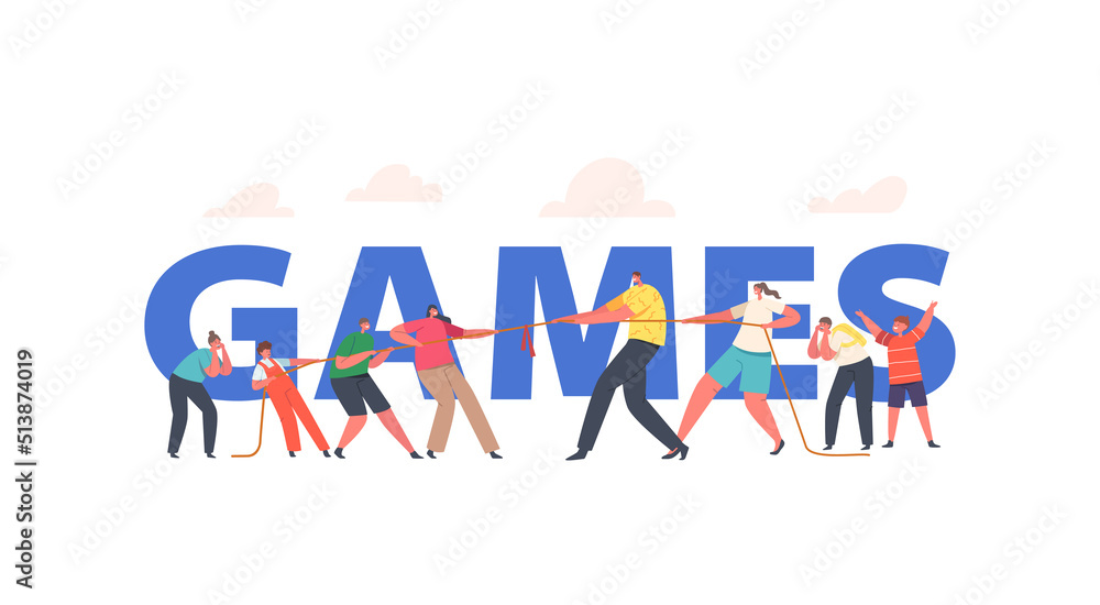 Family Games Concept. Children and Parents Characters Playing Tug of ...