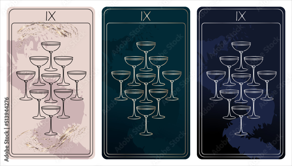 Vector de Stock 9 of Cups. A card of Minor arcana one line drawing ...