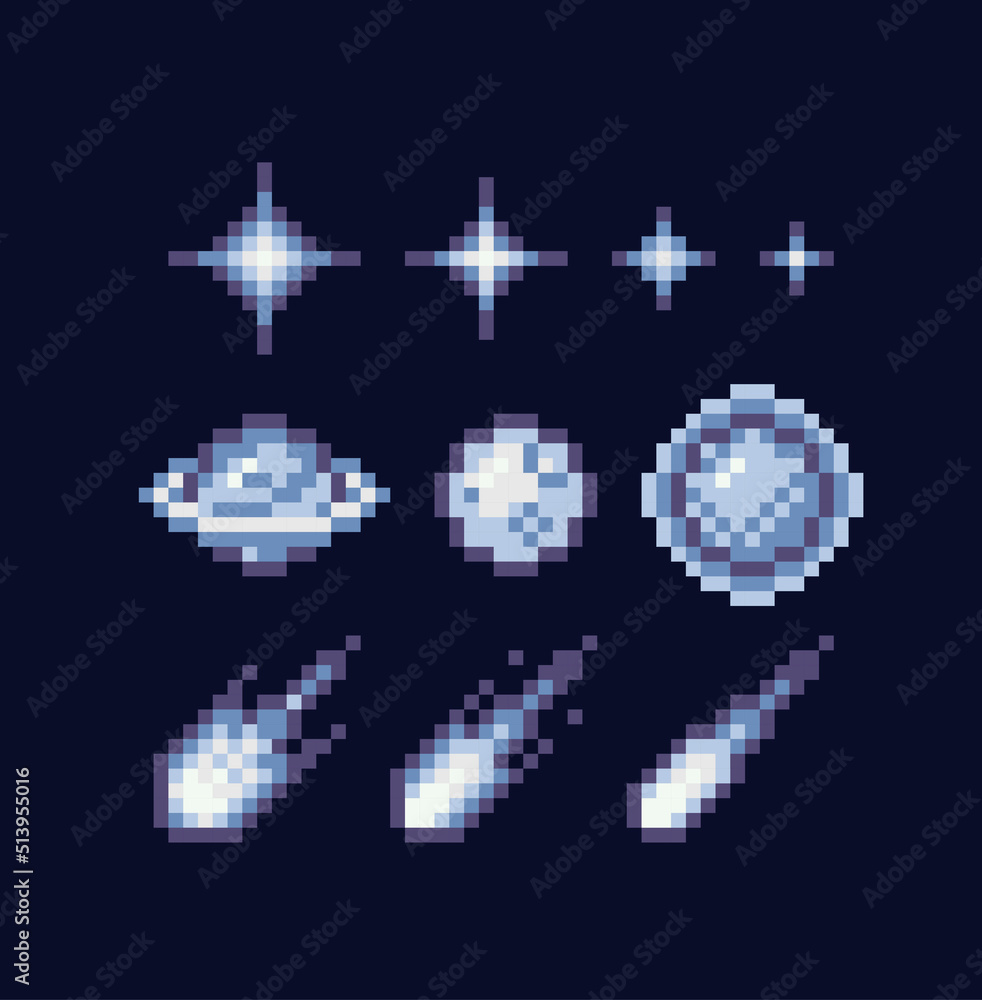 Stars, glitter,sparkles. Starry sky pixel art set. Space shining object ...