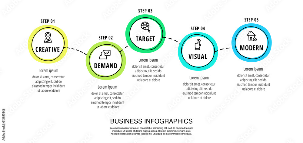 Business vector infographics with five circles. Hand drawn timeline ...