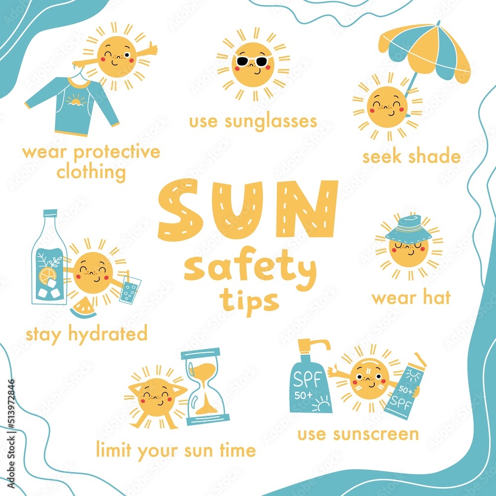 Sun safety tips with sun character for kids. Vector hand drawn cartoon ...