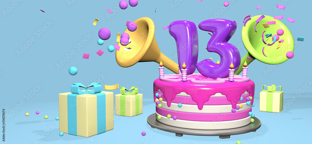 Pink birthday cake with thick purple number 13 surrounded by gift boxes ...