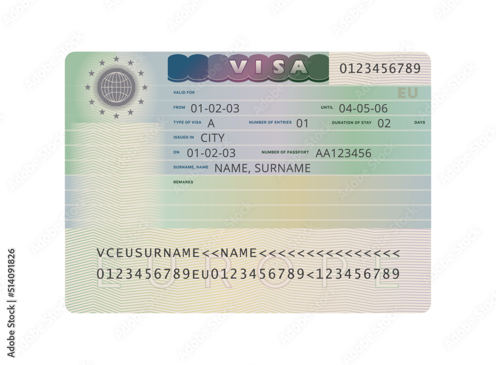 Europe tourist schengen visa sticker template isolated on a white ...