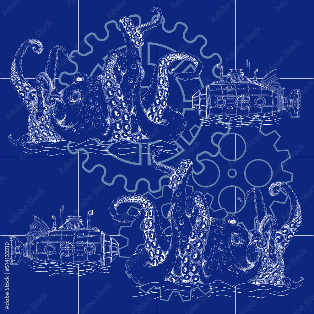 steampunk style map with monsters and octopuses Stock Vector | Adobe Stock