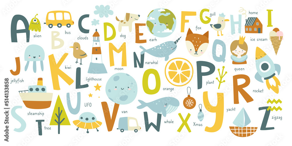 Cute english alphabet for kids with doodle pictures. Abc learning ...