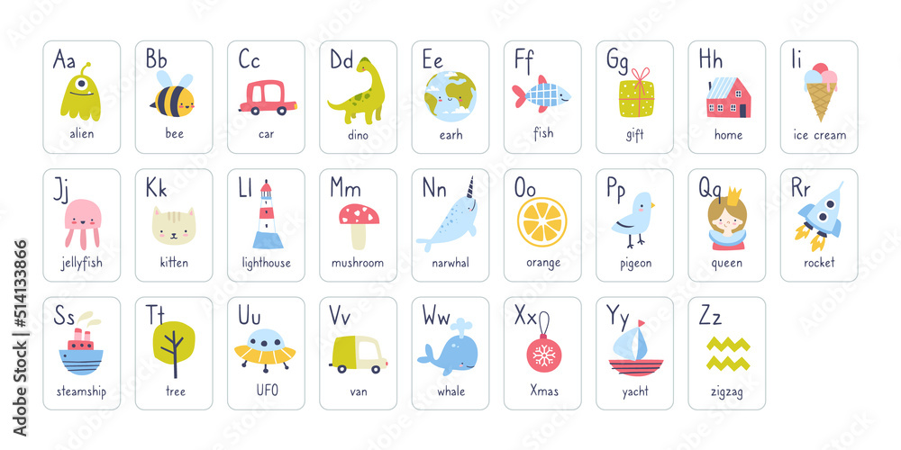 Set of alphabet cards for baby. Cute english learn cards collection for ...