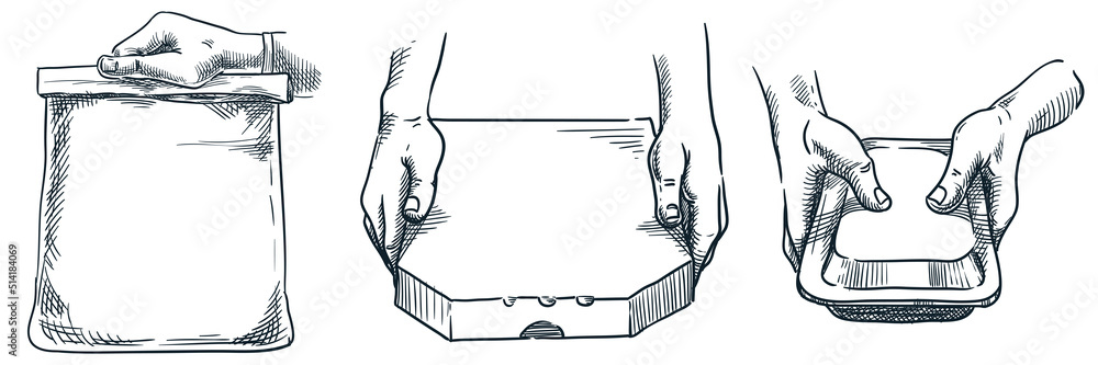 Take away food packs set. Human hand holding lunch box, paper bag ...