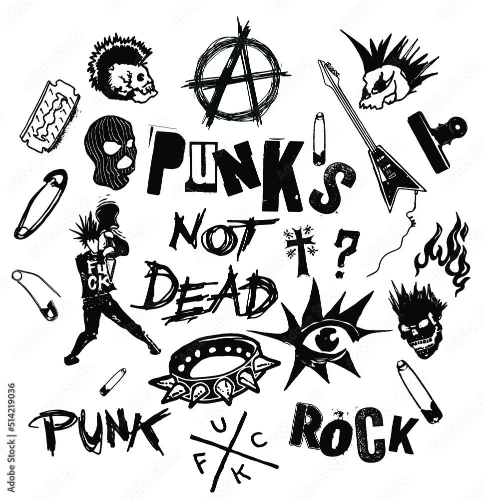 Vector black and white set of punk and anarchy symbols, skulls, guitars ...