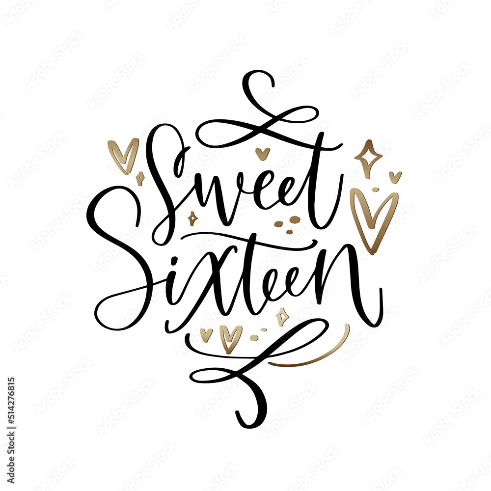 Sweet sixteen calligraphy vector design for 16th Birthday party of a ...