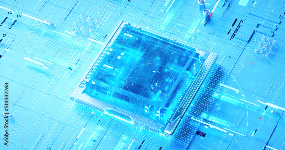 3D rendering of cyberpunk AI. Circuit board. Technology background ...