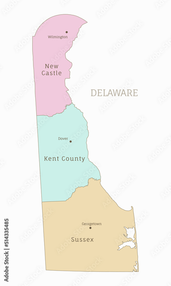Administrative color map of Delaware, American federal state. USA state ...