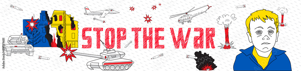 Vector de Stock Panoramic with stop war motto. Boy at burning home ...
