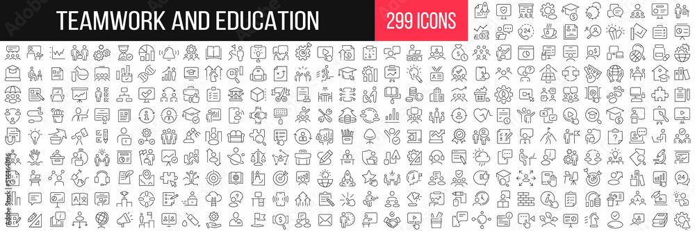 Teamwork and education linear icons collection. Big set of 299 thin ...