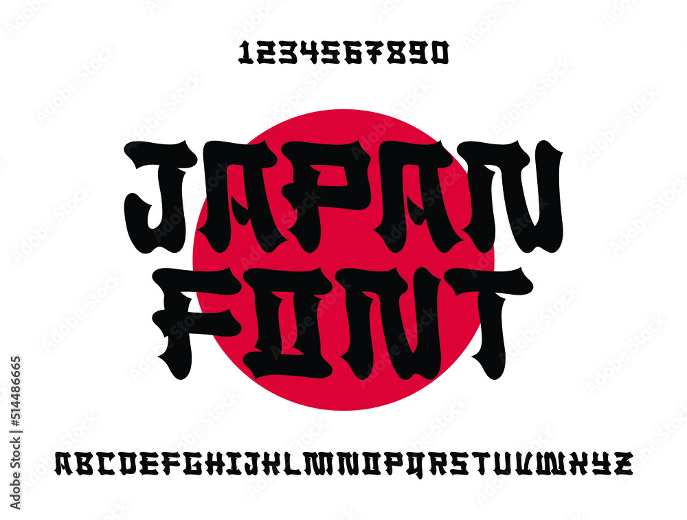 Japanese style Latin font design, alphabet letters and numbers vector ...