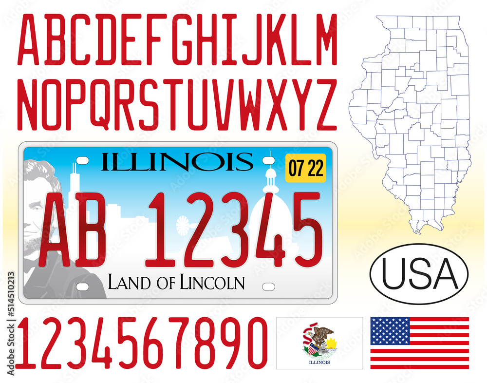 Illinois car license plate, United States, letters, numbers and symbols ...
