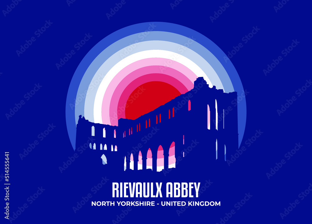 Rievaulx Abbey illustration. Moonlight symbol of famous statue and ...