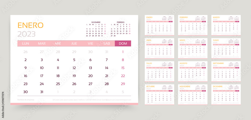 Spanish 2023 year Calendar. Week starts Monday. Planner grid. Desk ...