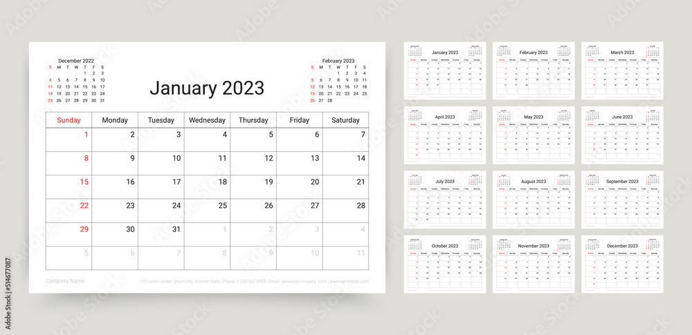 2023 calendar. Planner template. Week starts Sunday. Yearly calender ...