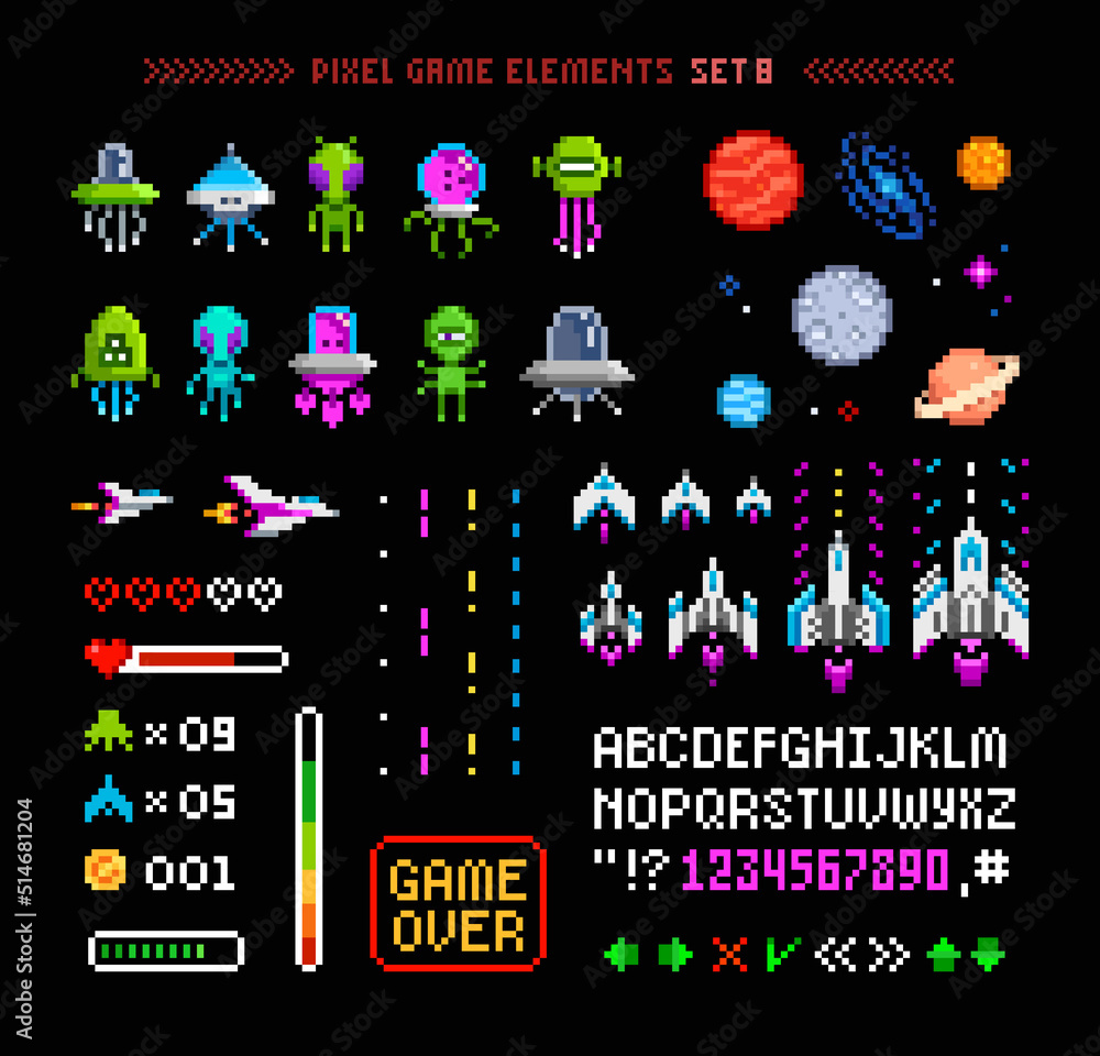 Retro space arcade game interface elements with Pixel Art icons, Planets, Ufo aliens, space ...