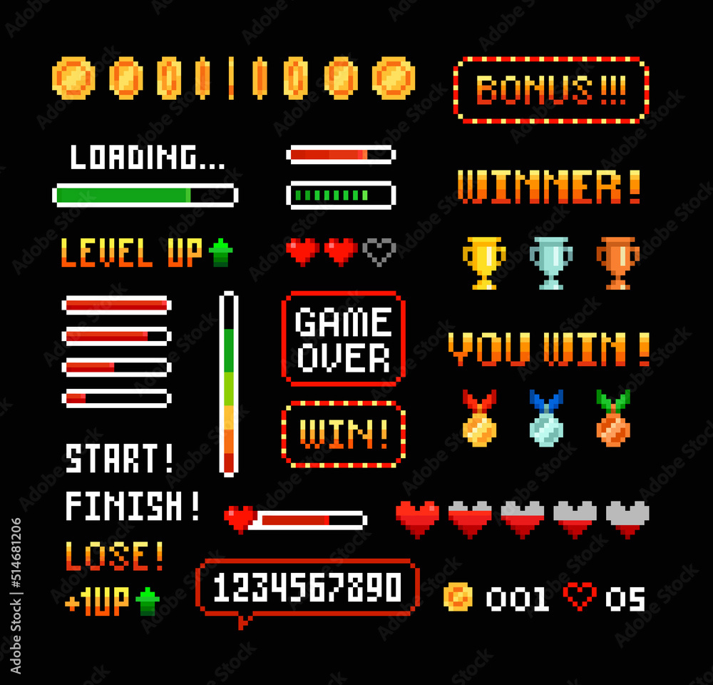 Vector Pixel Art 8-bit winner trophy cups and medals with loading bar ...