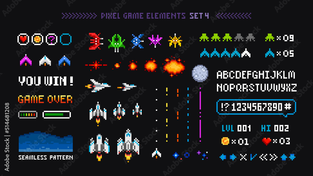 Space Arcade game interface elements with Pixel Art icons, Planets, Ufo ...