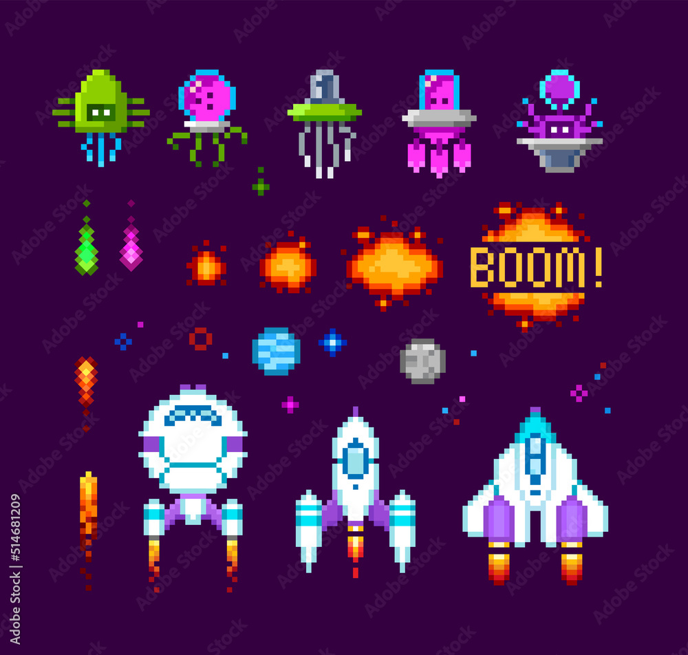 Pixel Art arcade game elements and icons. Pixel Ufo aliens, space ships ...