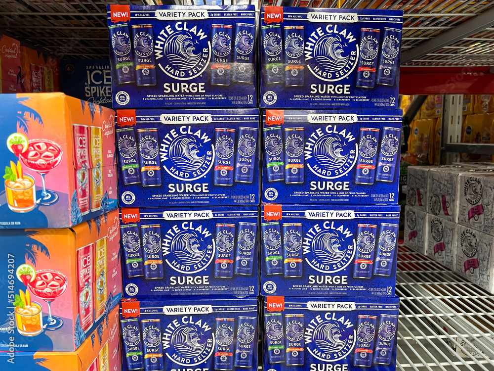 A display boxes of White Claw Surge Hard Seltzer for sale at a Sams ...