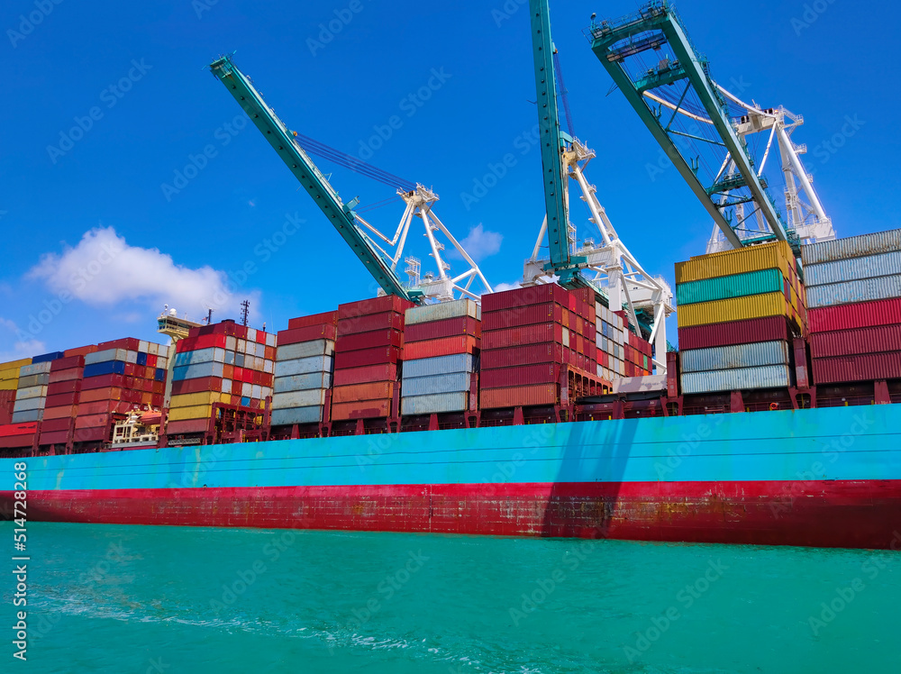 Container ship at Port Miami, one of the largest cargo ports in the US ...