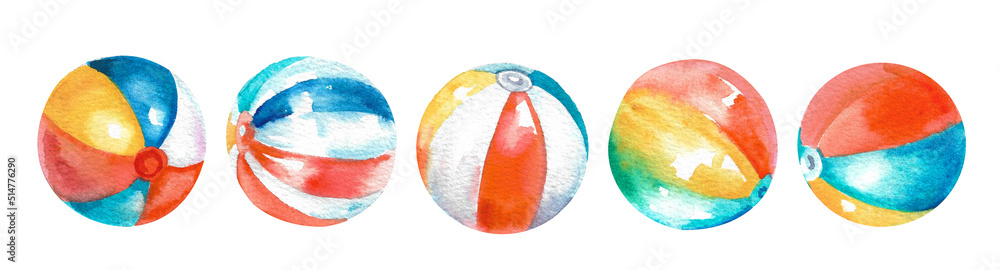 Watercolor beach balls. Collection of colorful beach balls for playing ...