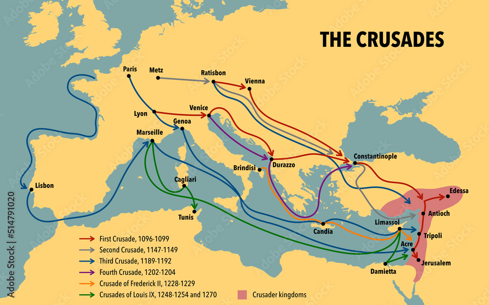 Map of the Crusades main routes and roads Stock Illustration | Adobe Stock