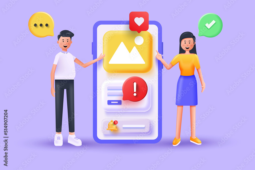 Business teamwork 3d concept. Cartoon characters. Application development and social media ...