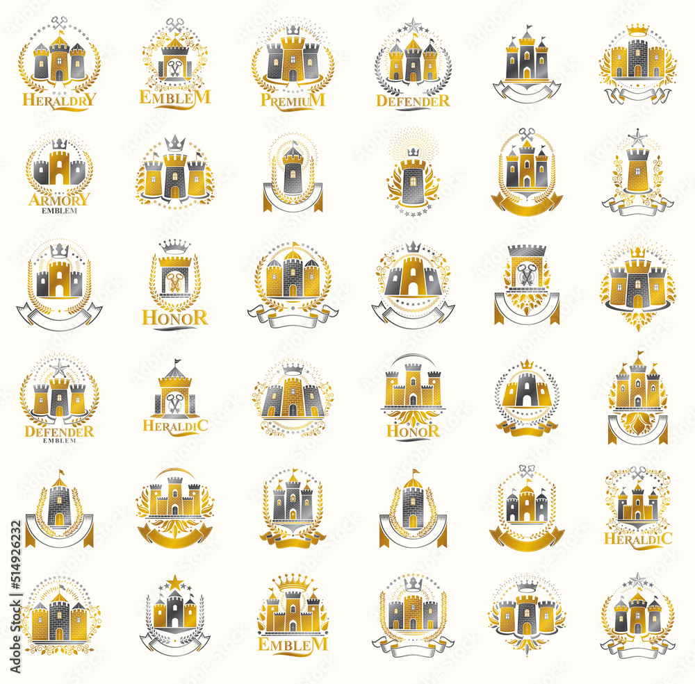 Vintage castles vector logos or emblems, heraldic design elements big ...