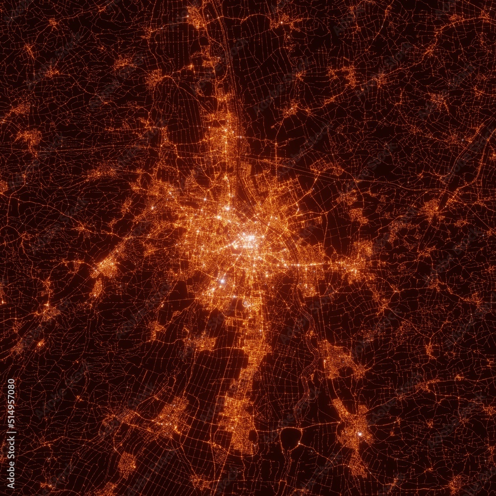 Augsburg city lights map, top view from space. Aerial view on night ...