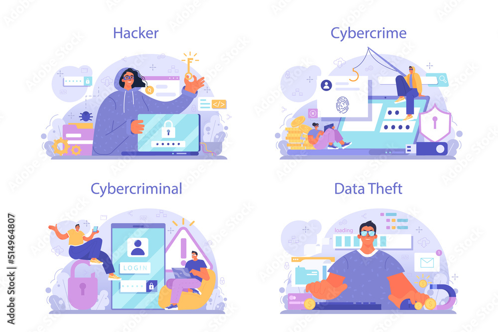 Hacker concept set. Cyber attack, thief stealing personal data and ...
