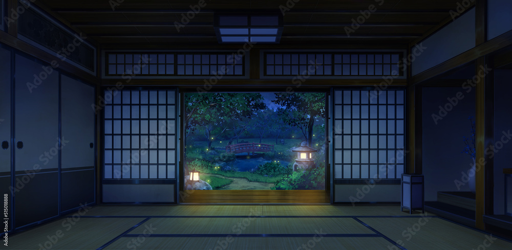 Japanese Traditional Interior - Night, turn off the light, 2D Anime ...
