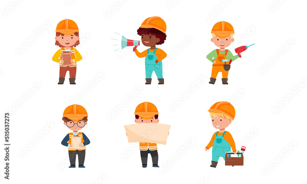 Set of kids builders. Architect, foreman, handyman characters cartoon ...