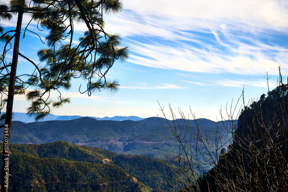 landscape with mountains and blue sky with clouds, forest with pine ...