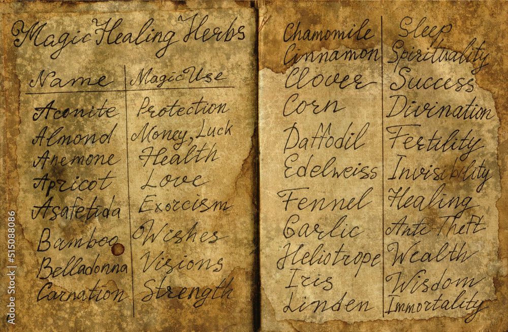 Hand drawn Halloween illustration of old page with names of magic ...