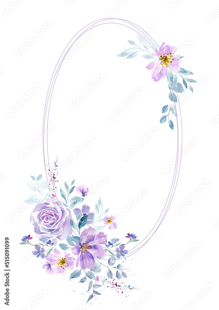 Oval frame with a bouquet of purple flowers. Watercolor floral template ...