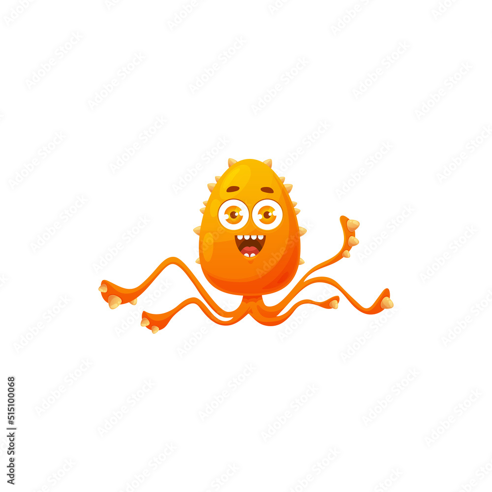 Cartoon virus cell vector icon, cute spiked orange bacteria with long ...