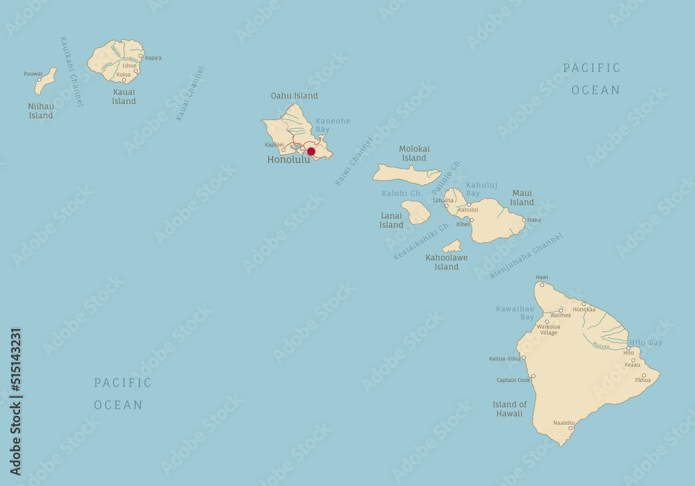 Highly detailed map of Hawaii, island American state. USA region ...