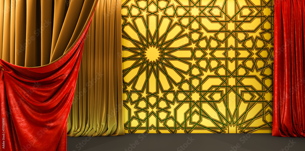 3d render of gold and red curtain with arabesque style, Arabic islam ...
