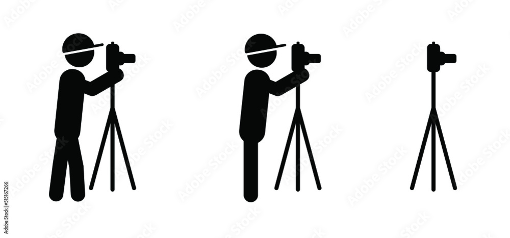 Cartoon stickman, stick figure man looks through the photo camera ...