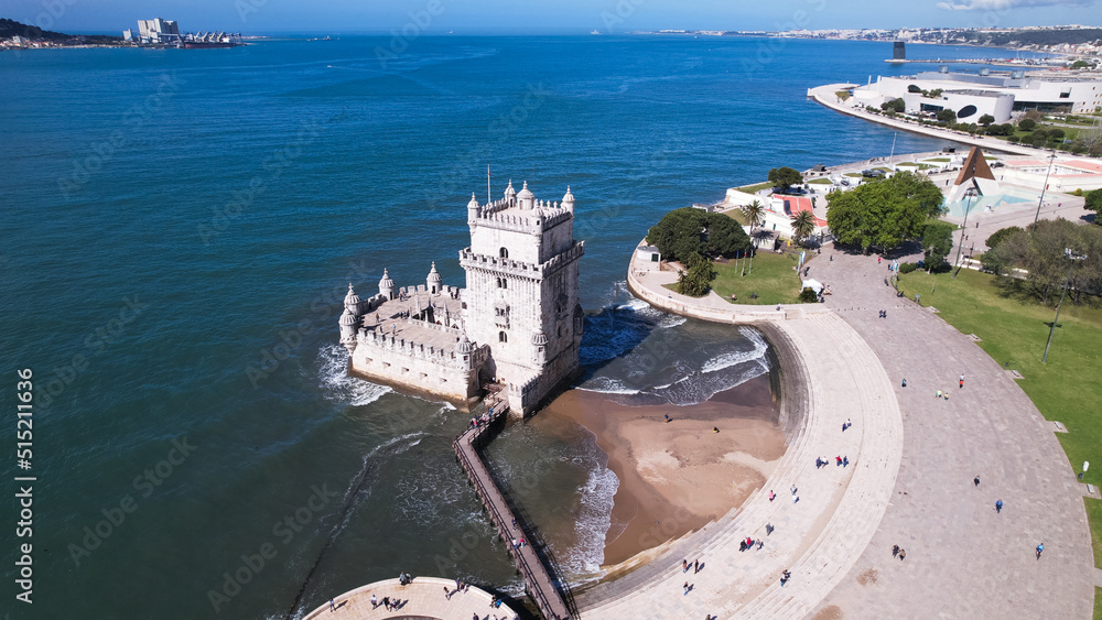 The Belem Tower (Torre de Belém) was built between 1514 and 1520 in a ...