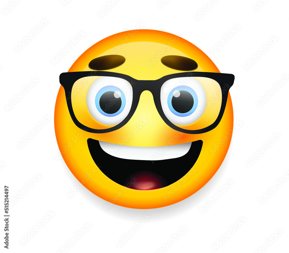 High quality emoticon on white background. Yellow face with spectacles ...