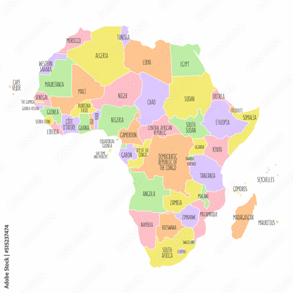 Africa political map with region names. Low detailed. Solid simple ...