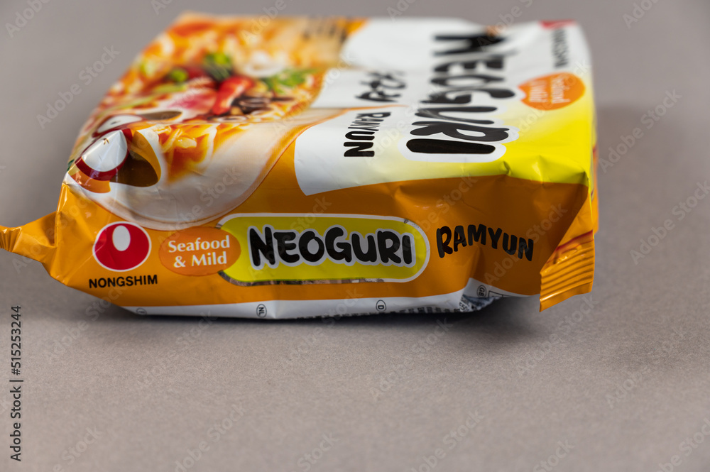Neoguri Ramyun instant noodles. Colorful plastic packages on gray ...