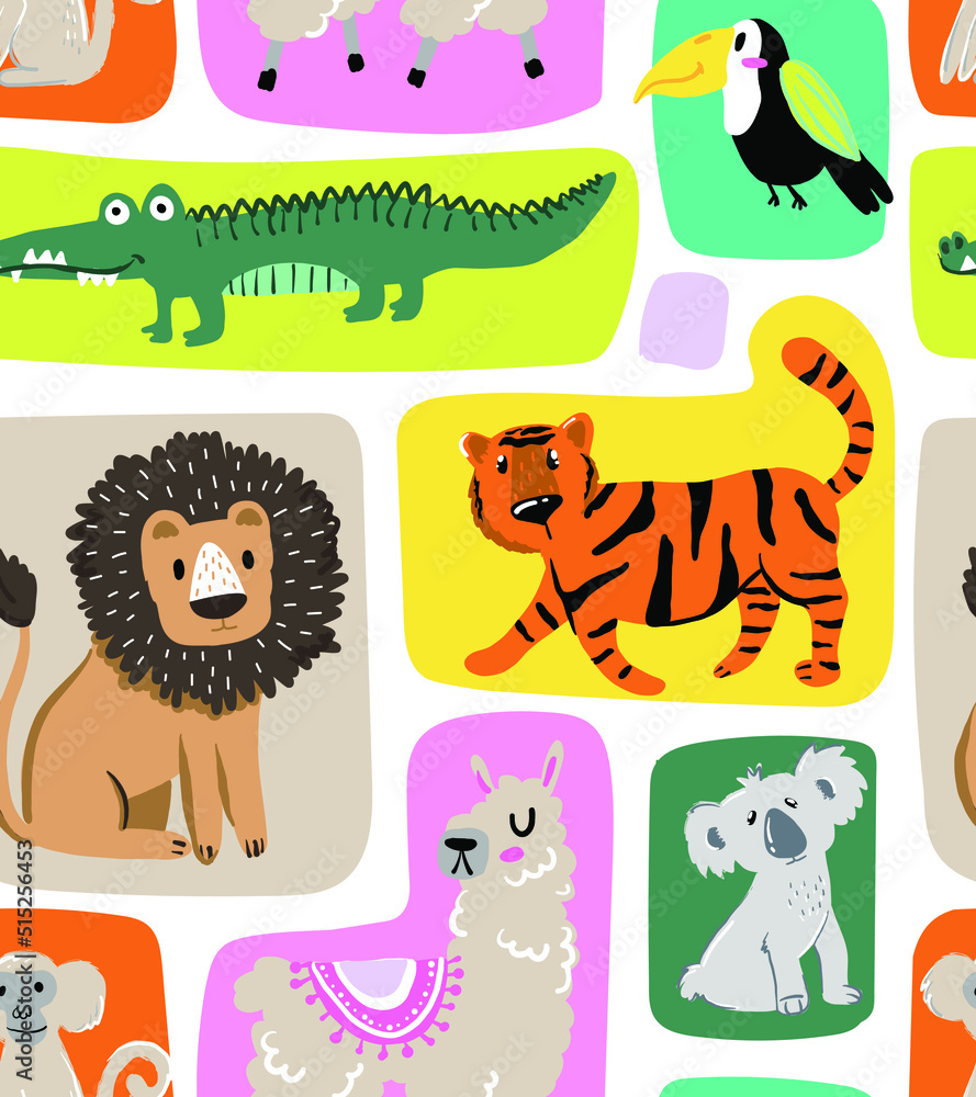 Seamless pattern with cartoon tropical animals - vector illustration ...
