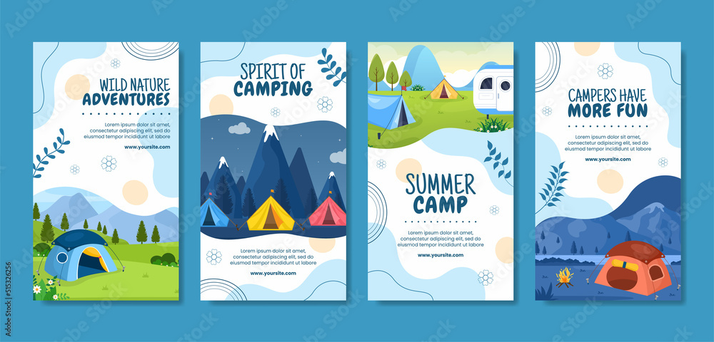 Summer Camping Social Media Stories Template Flat Cartoon Background ...