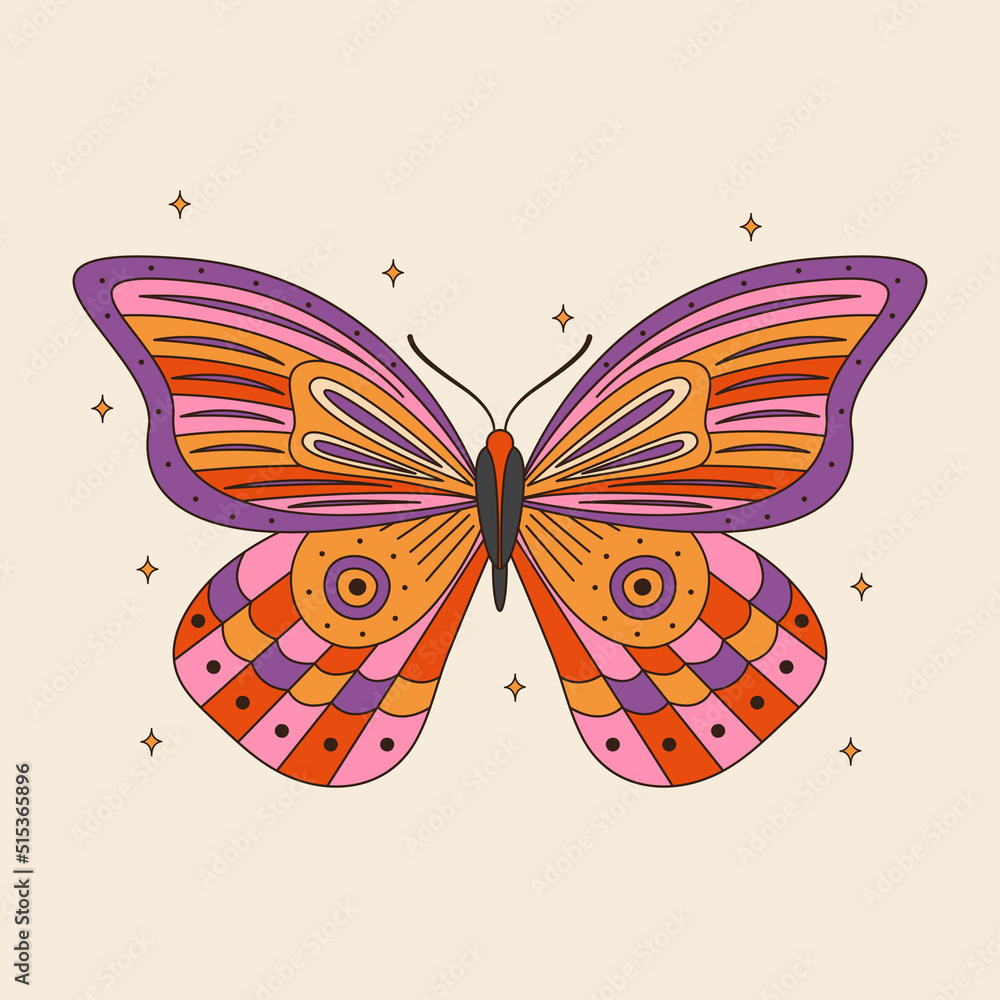 Retro groovy butterfly with colorful wings. 60s and 70s vibes psychedelic vector clipart ...